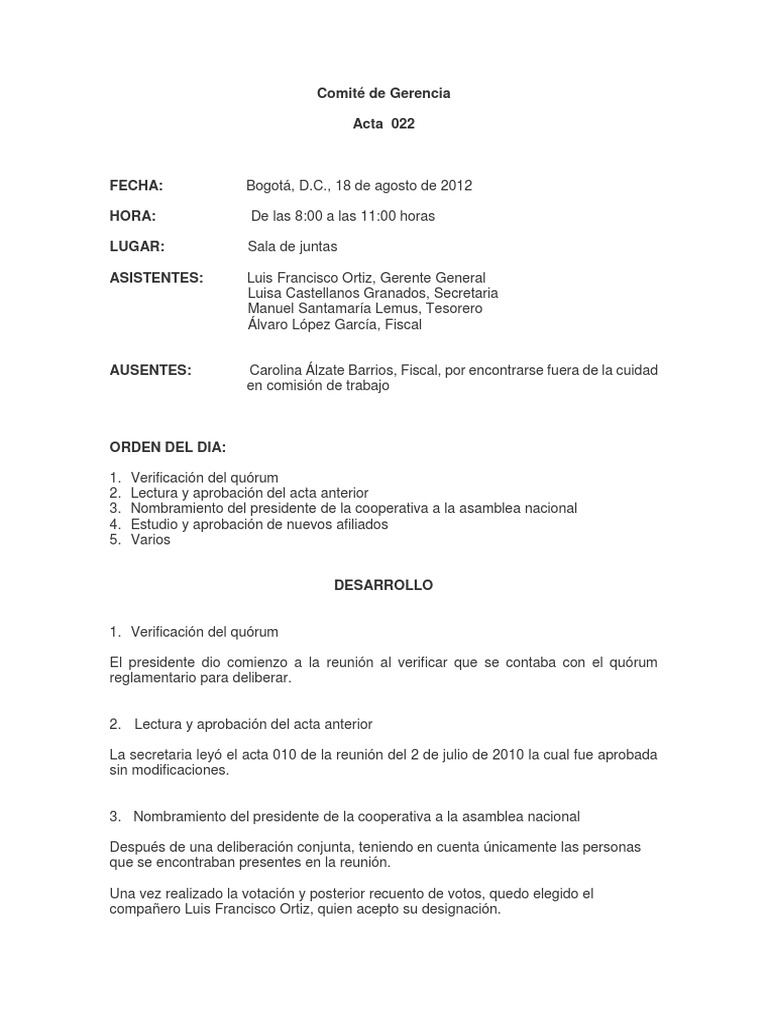 Acta de Comité de Gerencia