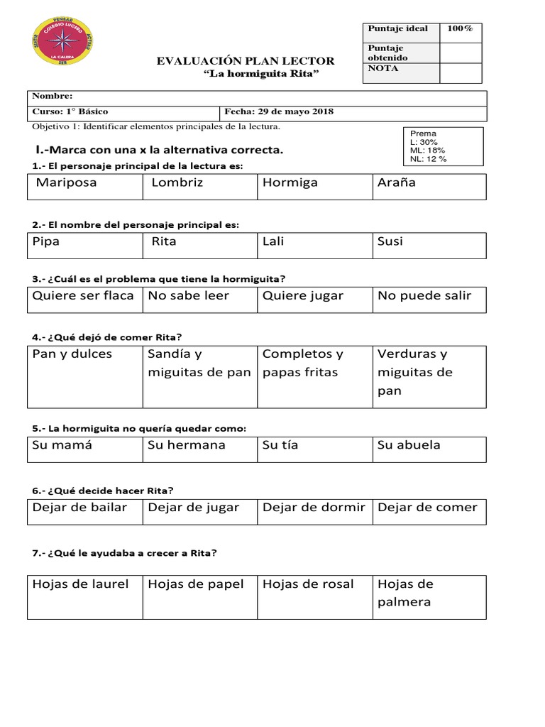 Prueba Plan Lector La Hormiguita Rita | PDF | Ocio
