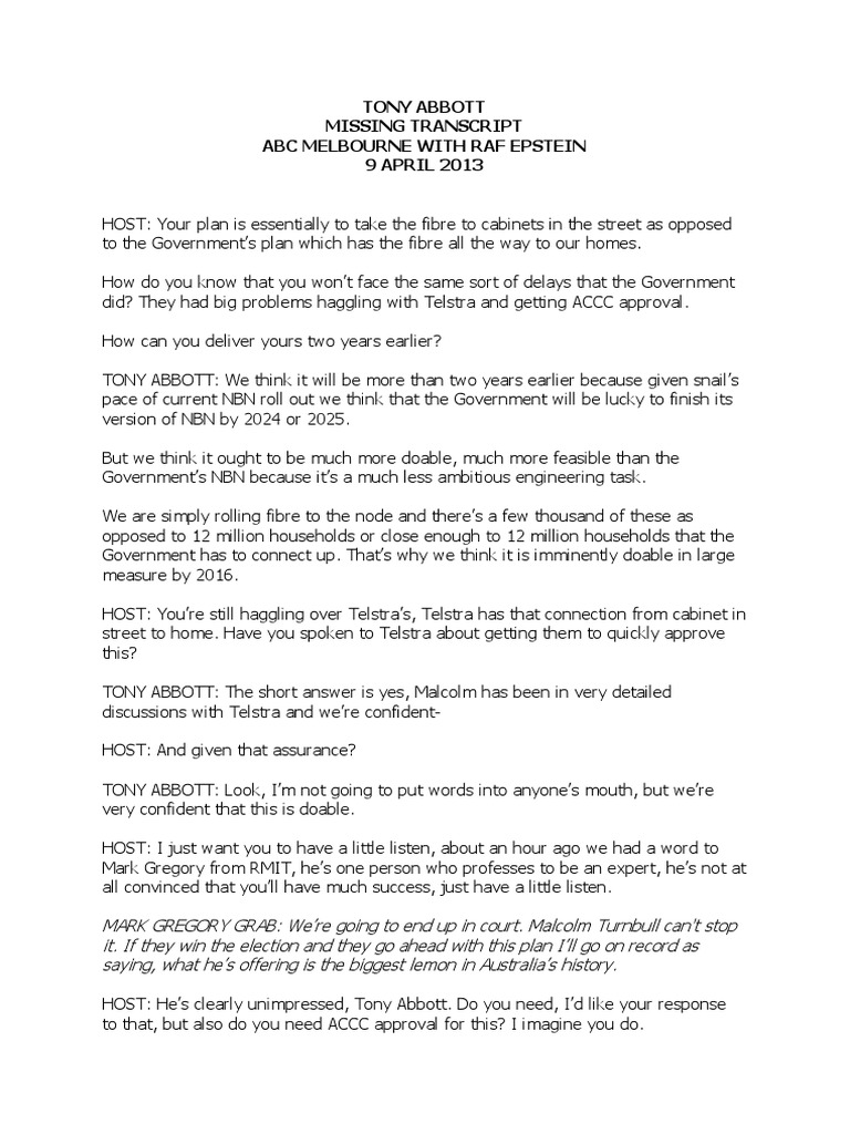 TONY ABBOTT Missing Transcript | PDF | Margaret Thatcher | Australia