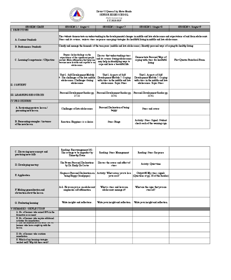 Daily Lesson Log DLL Sample | Download Free PDF | Coping (Psychology ...