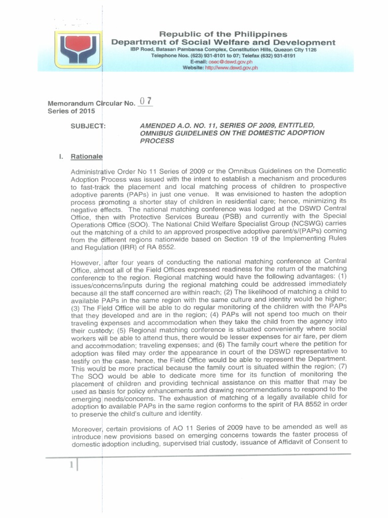 Omnibus Guidelines On The Domestic Adoption Process | PDF