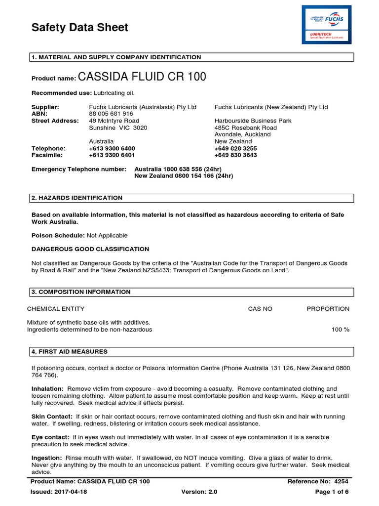 Cassida Fluid CR 100 | PDF | Dangerous Goods | Toxicity