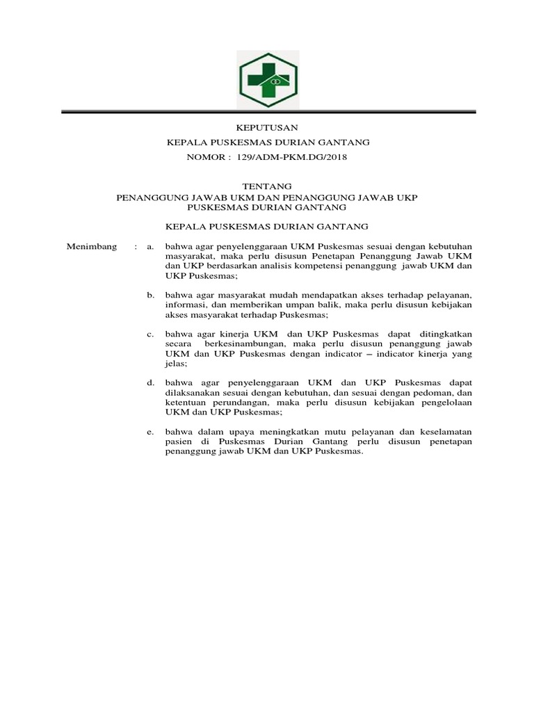 2.3.1.2.a SK Kepala Puskesmas Tentang Penetapan Penanggung Jawab Program UKM Dan UKP Di ...
