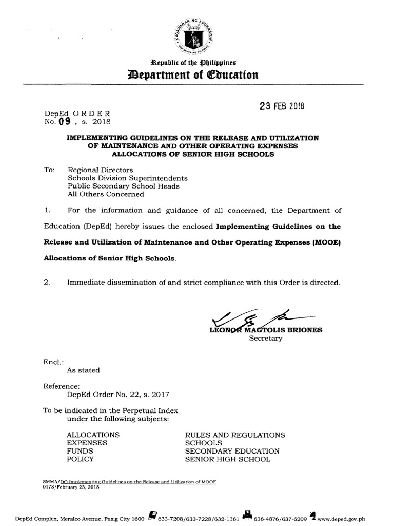 DO s2018 009 MOOE Guidelines SHS | PDF