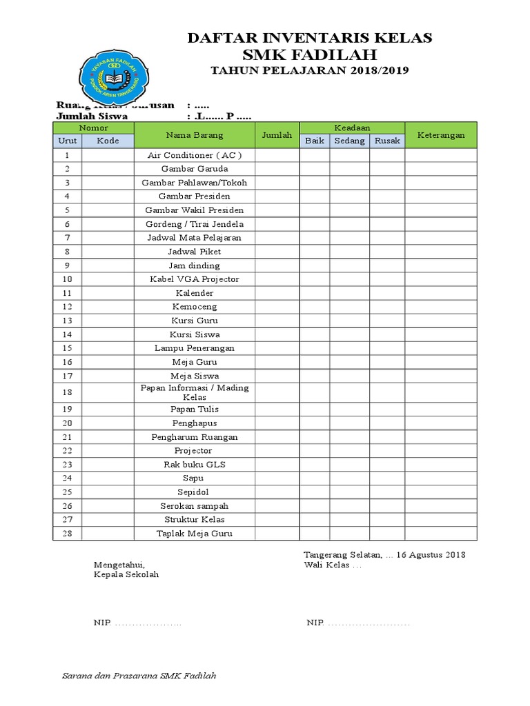 Daftar Inventaris Kelas Terbaru | PDF