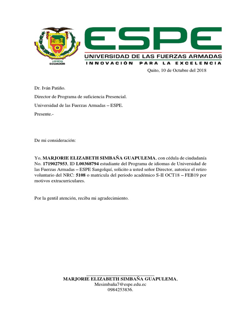 Solicitud retiro voluntario programa idiomas ESPE | PDF
