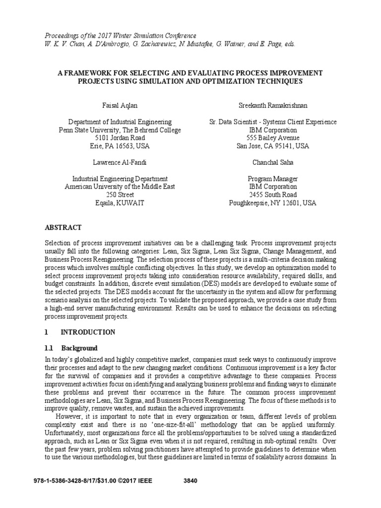A Framework For Selecting and Evaluating Process Improvement Projects ...