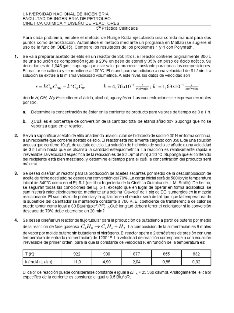 Problemas de Cinética y Diseño de Reactores UNI | PDF | Reactor Quimico | Concentración