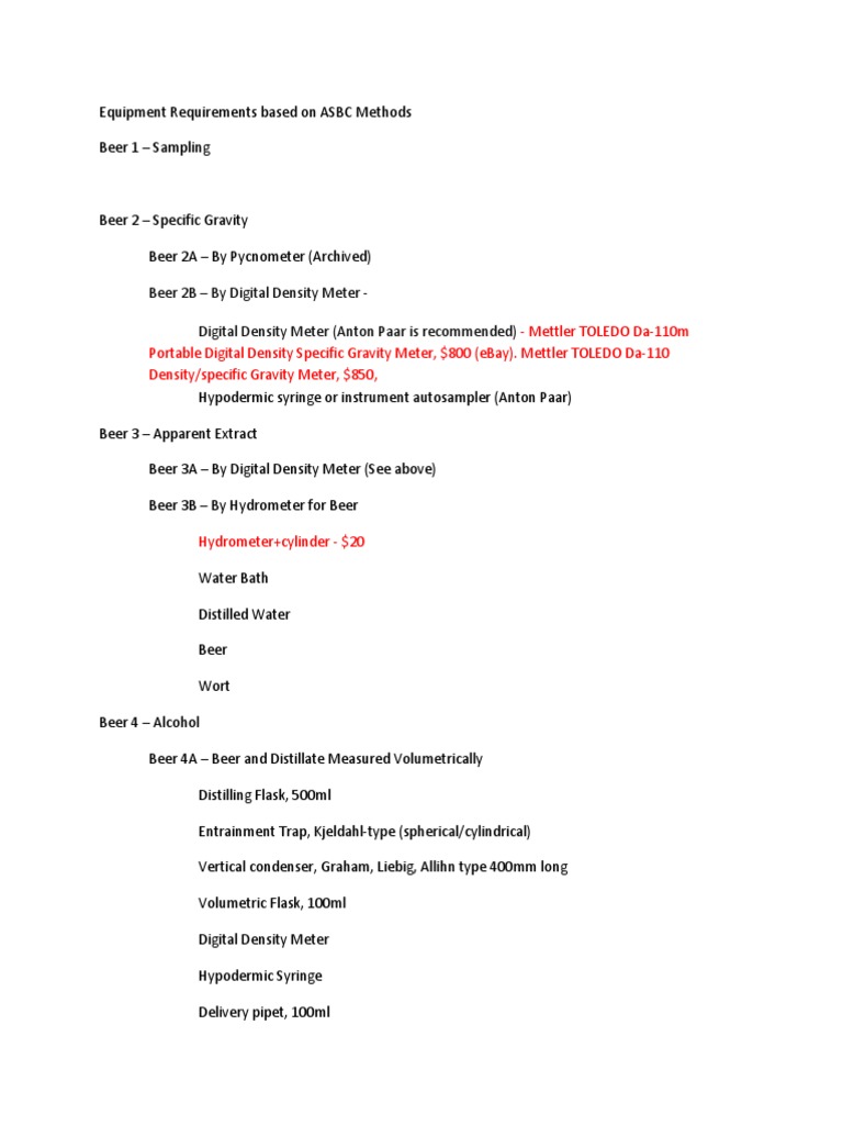Equipment Requirements Based On ASBC Methods | PDF | Ph | Ethanol