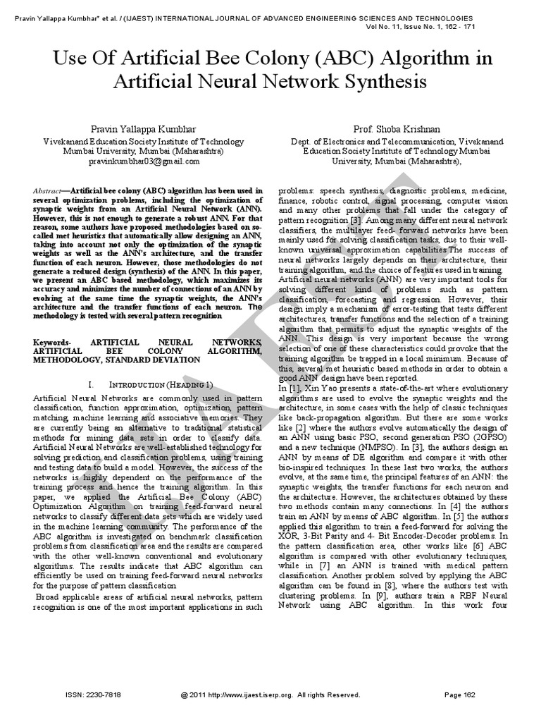 Ijaest: Use of Artificial Bee Colony (ABC) Algorithm in Artificial ...