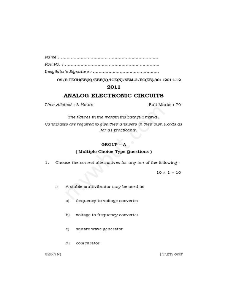 Analog Electronic Circuits: CS/B.TECH (EE (N) /EEE (N) /ICE (N) /SEM-3/EC (EE) - 301/2011-12 ...