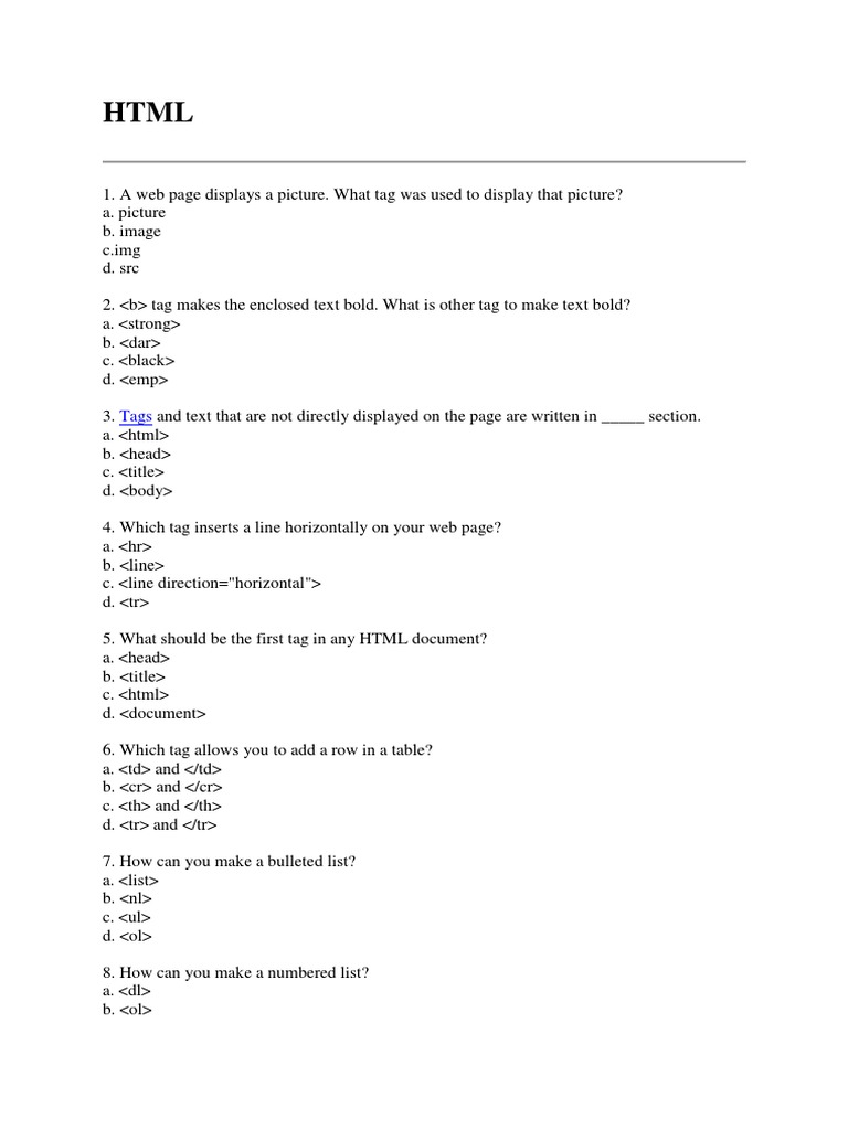 Html Mcq Pdf Html Element Html 