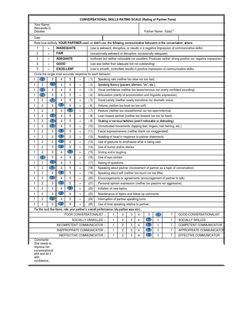 Conversational Skills Rating Scale (Rating of Partner Form) : Anne ...