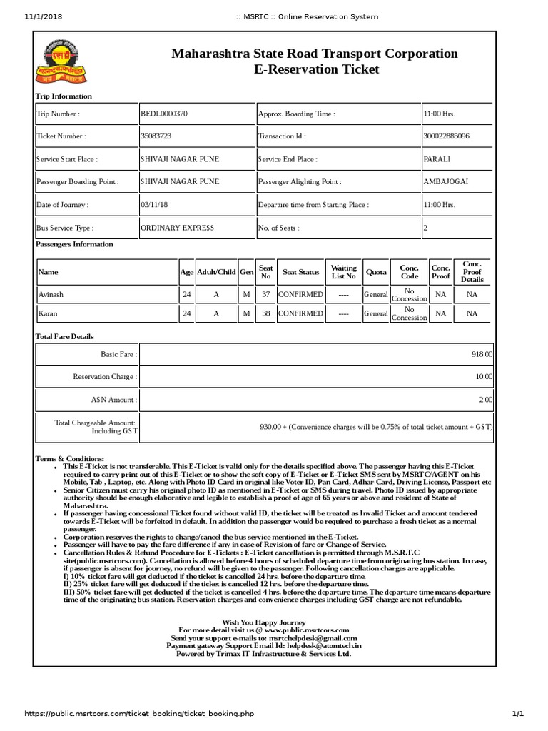 MSRTC - Online Reservation System | PDF | Identity Document | Ticket ...