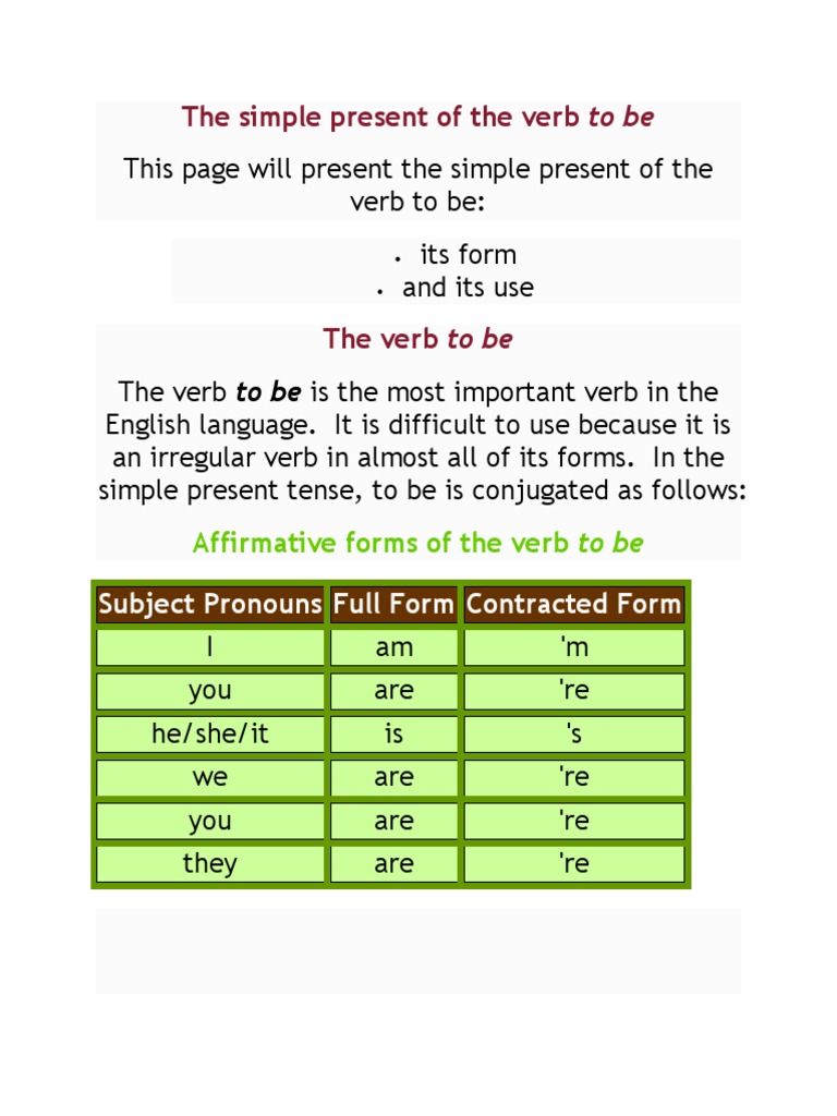 Simple Present of the Verb "To Be" | PDF