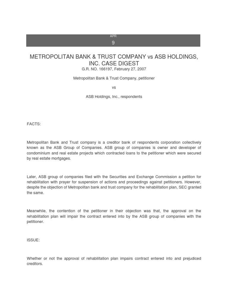 METROPOLITAN BANK & TRUST COMPANY Vs ASB HOLDINGS, INC. CASE DIGEST | PDF | Receivership ...