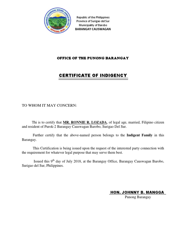 Certificate of Indigency | PDF