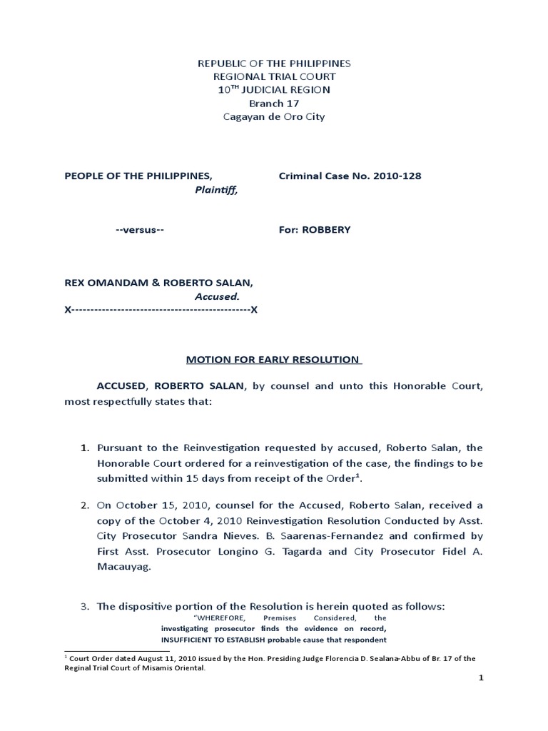 Motion For Early Resolution - Branch 17 - Roberto Salan | PDF ...