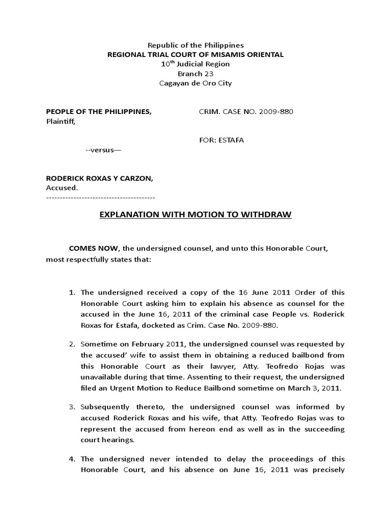 Motion to Withdraw as Counsel - Roxas | Government Institutions | Courts