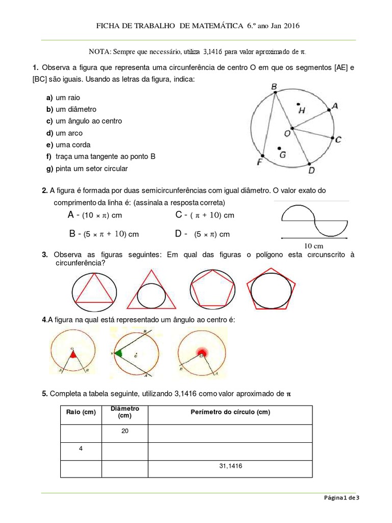 Exercícios de Círculo e Circunferência 6º Ano | PDF | Círculo | Pi