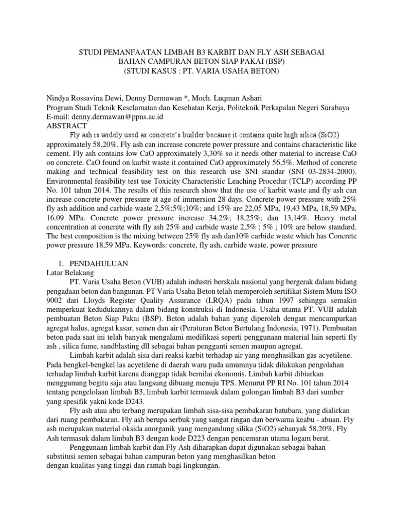 Studi Pemanfaatan Limbah B3 Karbit Dan Fly Ash Sebagai | PDF | Sains ...