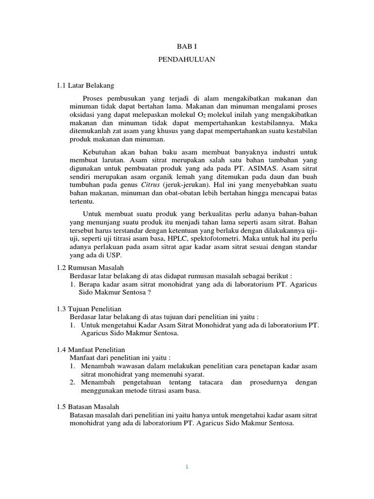 Laporan Individu Uji Penetapan Kadar Asam Sitrat Monohidrat | PDF