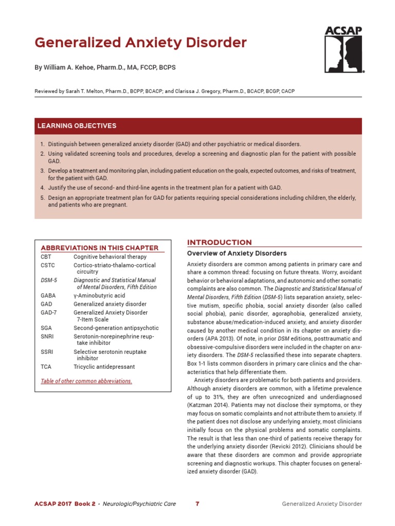 Generalized Anxiety Disorder: by William A. Kehoe, Pharm.D., MA, FCCP ...