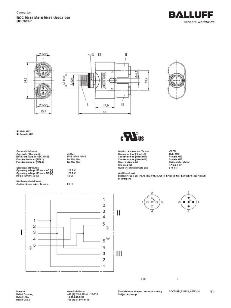 Specifications for Balluff Connectors with Male and Female M12 ...