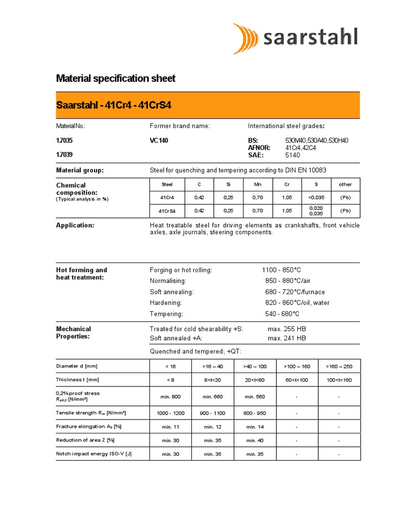 41Cr4 Steel Specification Sheet | PDF | Heat Treating | Steel