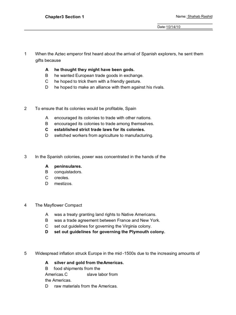 Chapter 3 Section 1 Pre Test | PDF | European Colonization Of The ...
