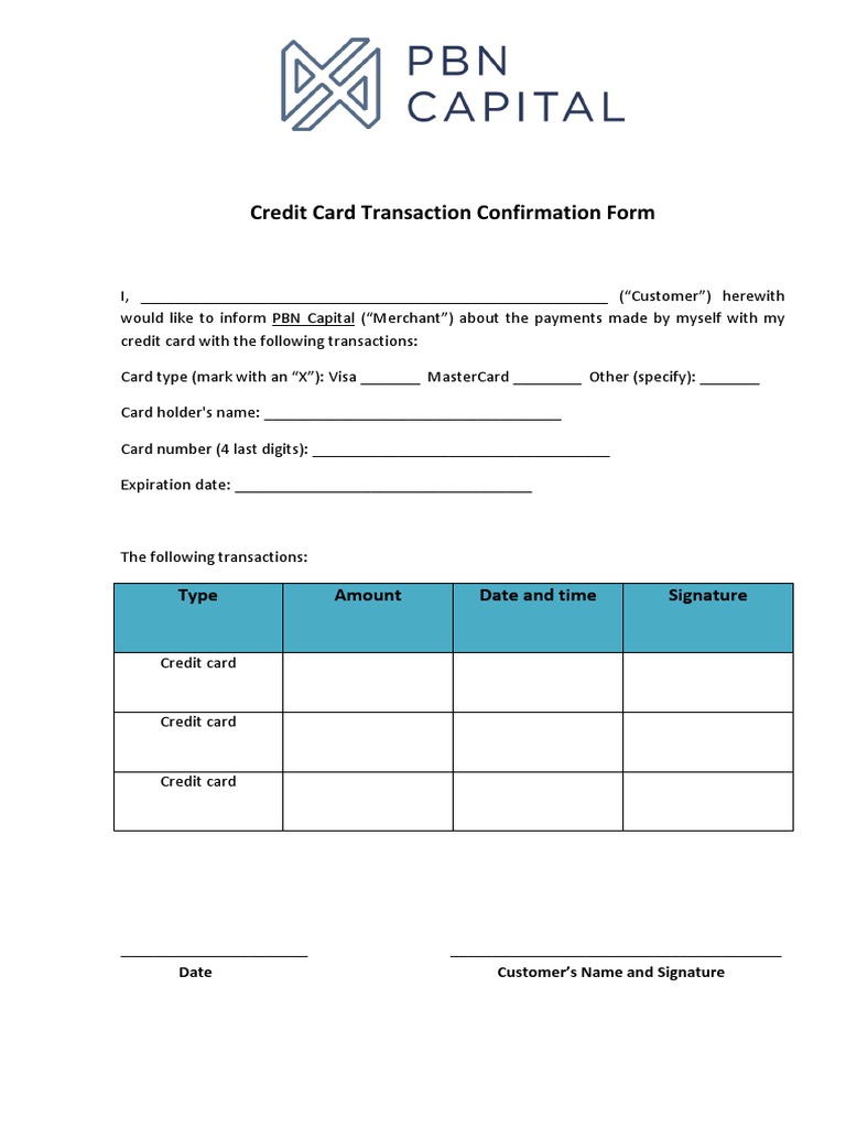 Credit Card Transaction Confirmation Form: Type Amount Date and Time ...