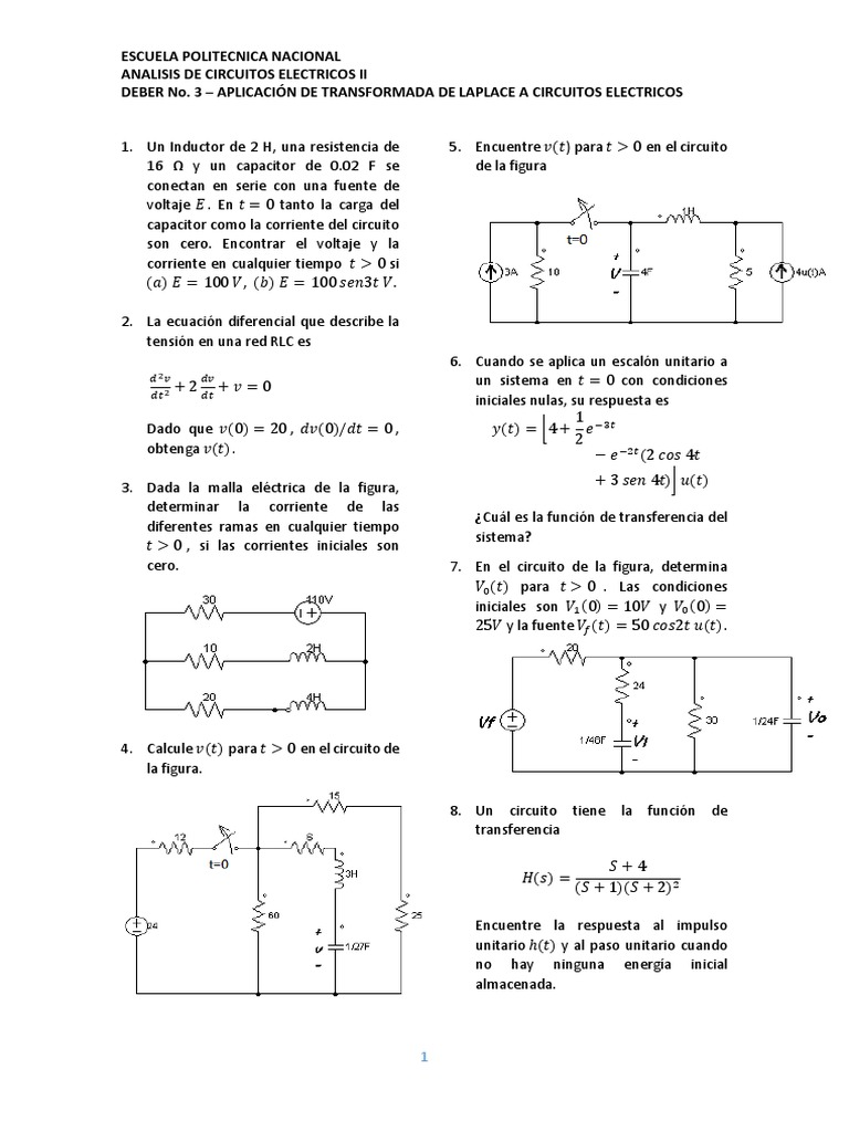 Deber 3 Laplace PDF | PDF | Análisis de red (circuitos eléctricos) | Red eléctrica