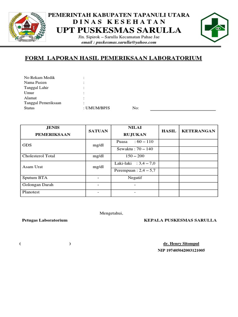Laporan Hasil Pemeriksaan Lab Puskesmas Sarulla | PDF