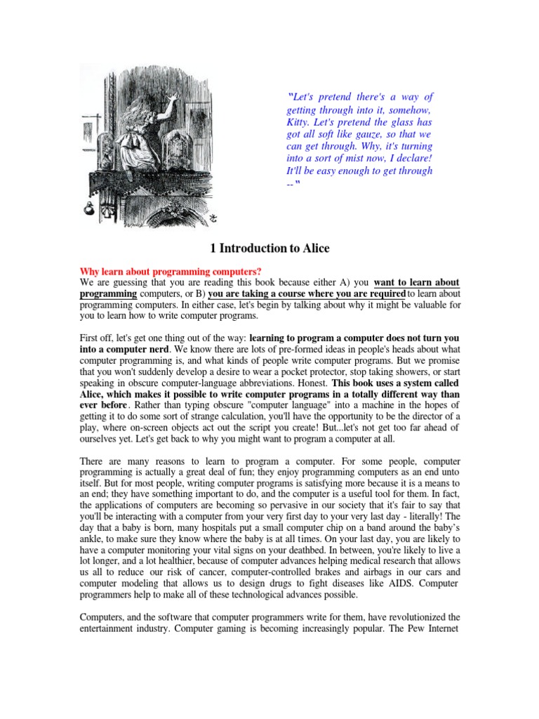 1 Introduction To Alice Why Learn About Programming Computers Pdf 3354