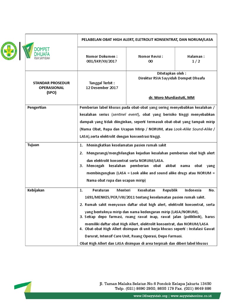 SPO Pemasangan Label Obat High Alert | PDF
