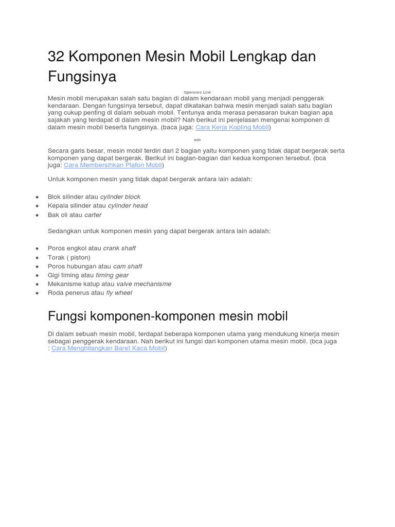 Komponen Mesin Mobil dan Fungsinya | PDF | Bisnis | Komputer