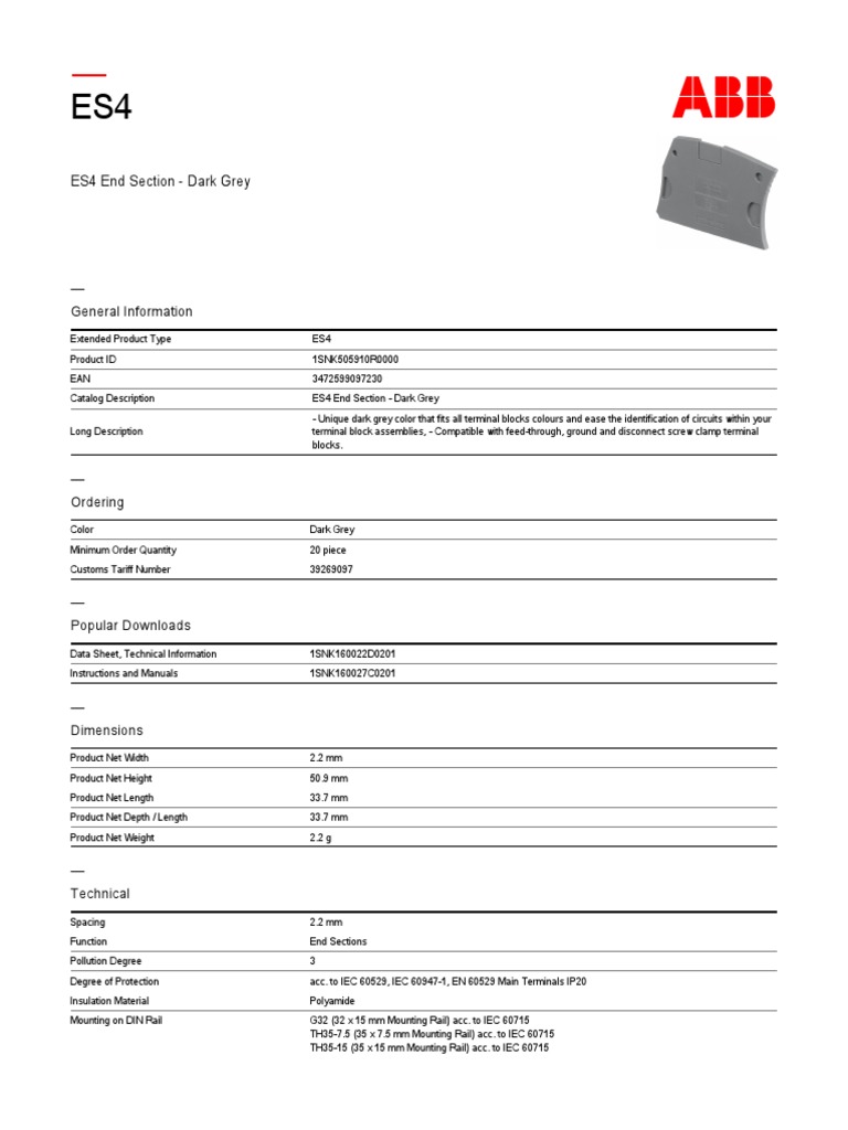 ES4 Dark Grey End Section for Terminal Blocks | PDF | Electromagnetism ...