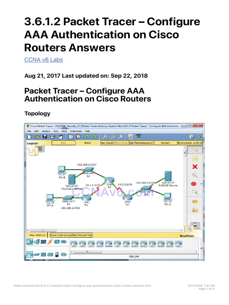 3.6.1.2 Packet Tracer - Configure AAA Authentication On Cisco Routers Answers | PDF | Radius ...