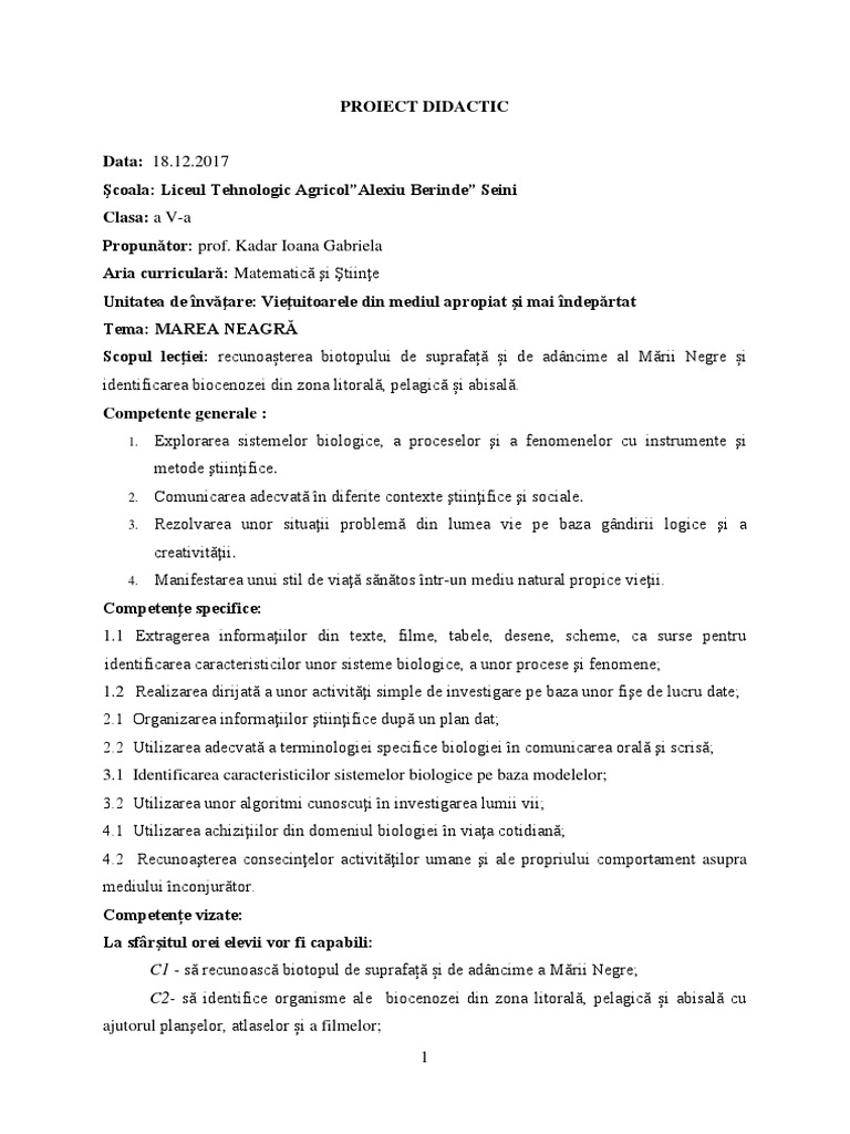 Proiect Didactic Marea Neagra | PDF