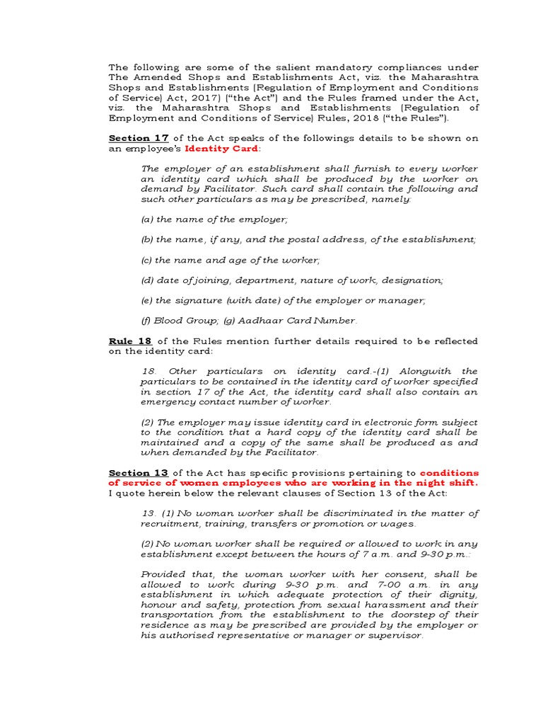 Mandatory Compliances Under The Establishments Act and Rules | PDF ...