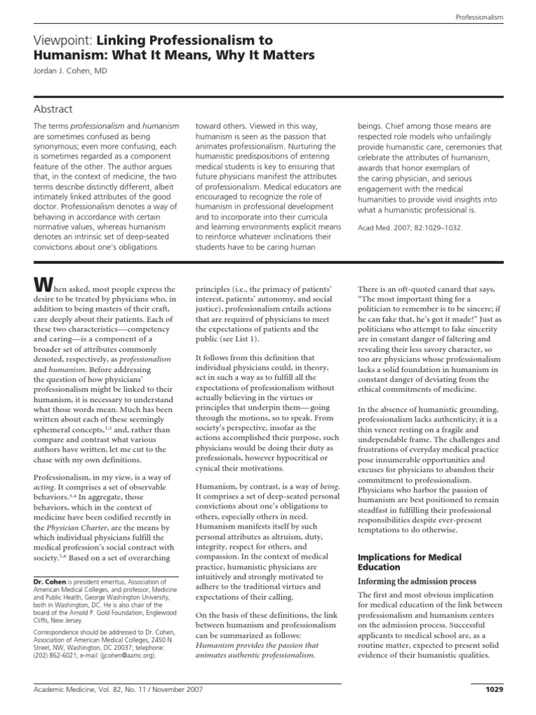 Linking Professionalism To Humanism - J Cohen | PDF | Physician | Humanism