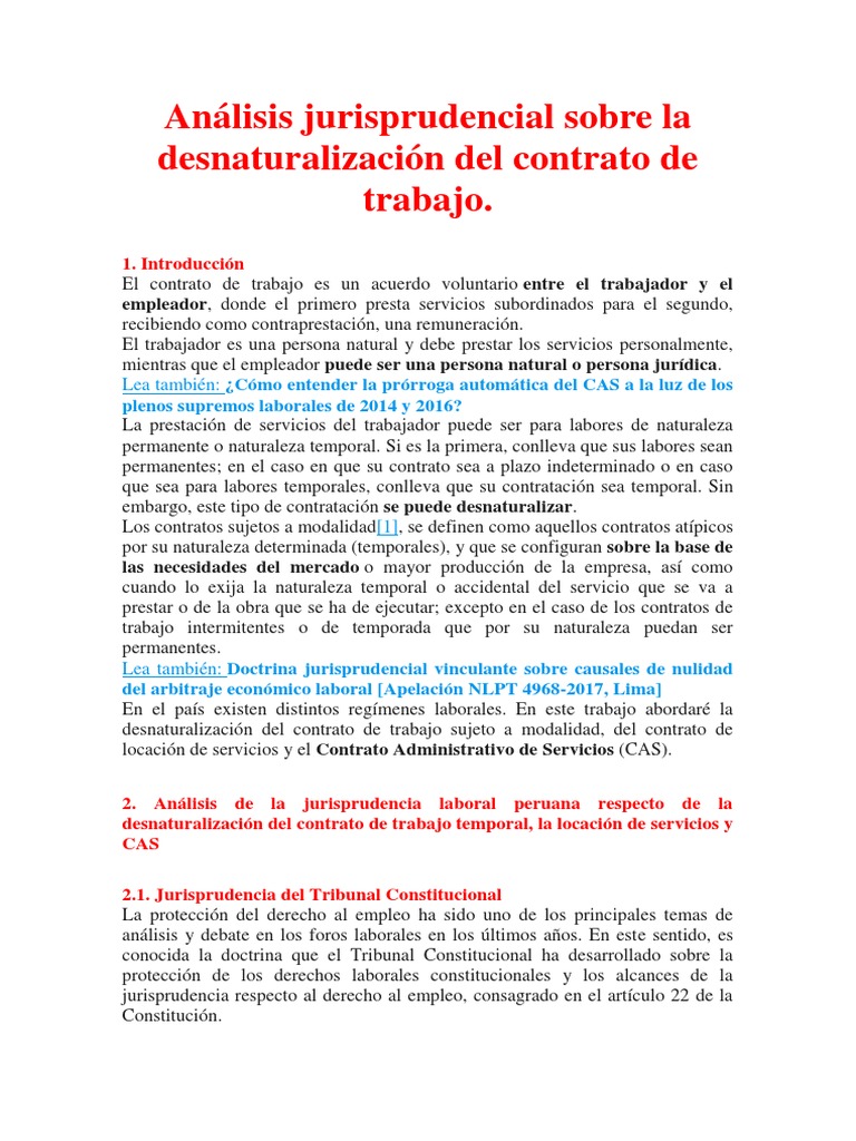 Análisis Jurisprudencial Sobre La Desnaturalización Del Contrato de Trabajo | PDF | Derecho ...