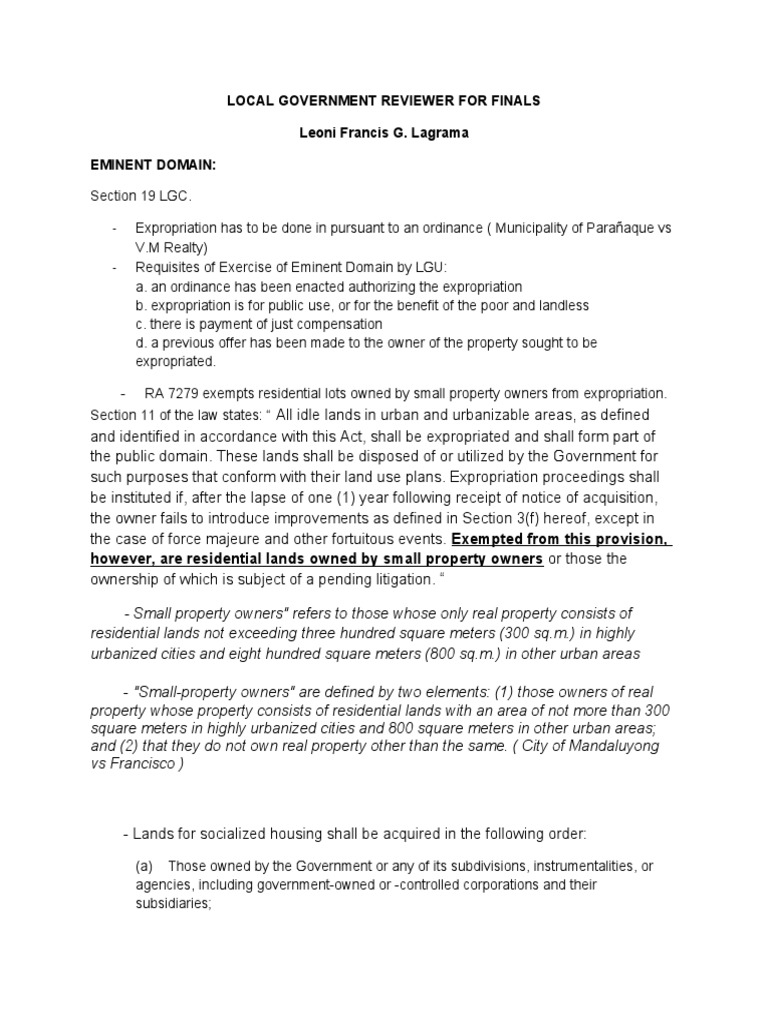 Local Government Code Review for Finals | PDF | Eminent Domain | Government