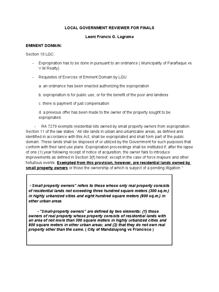 Local Government Code Review Guide | PDF | Eminent Domain | Profession