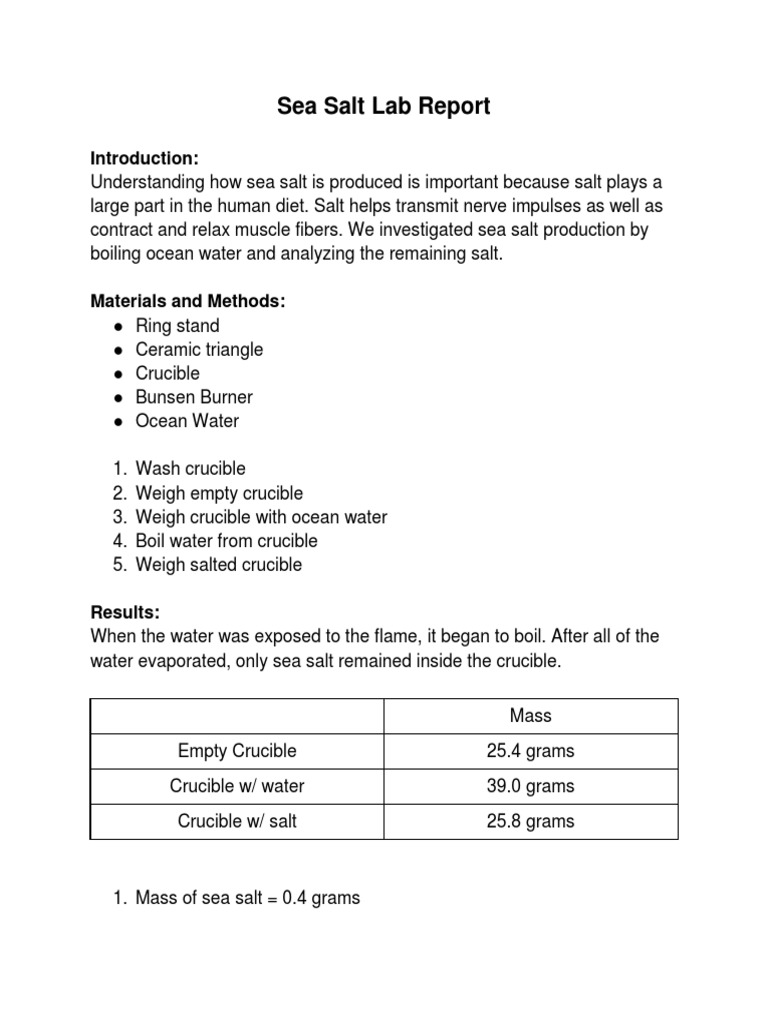 Sea Salt Production Lab Analysis | PDF | Sodium Chloride | Water