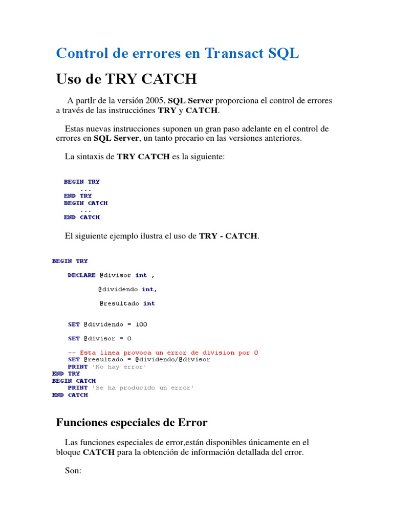 Control de Errores en Transact SQL | PDF | SQL | Datos de computadora