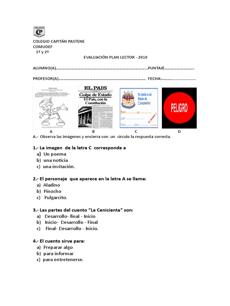 .Prueba Plan Lector Tercero Basico | Descargar gratis PDF | Fábula | Ocio