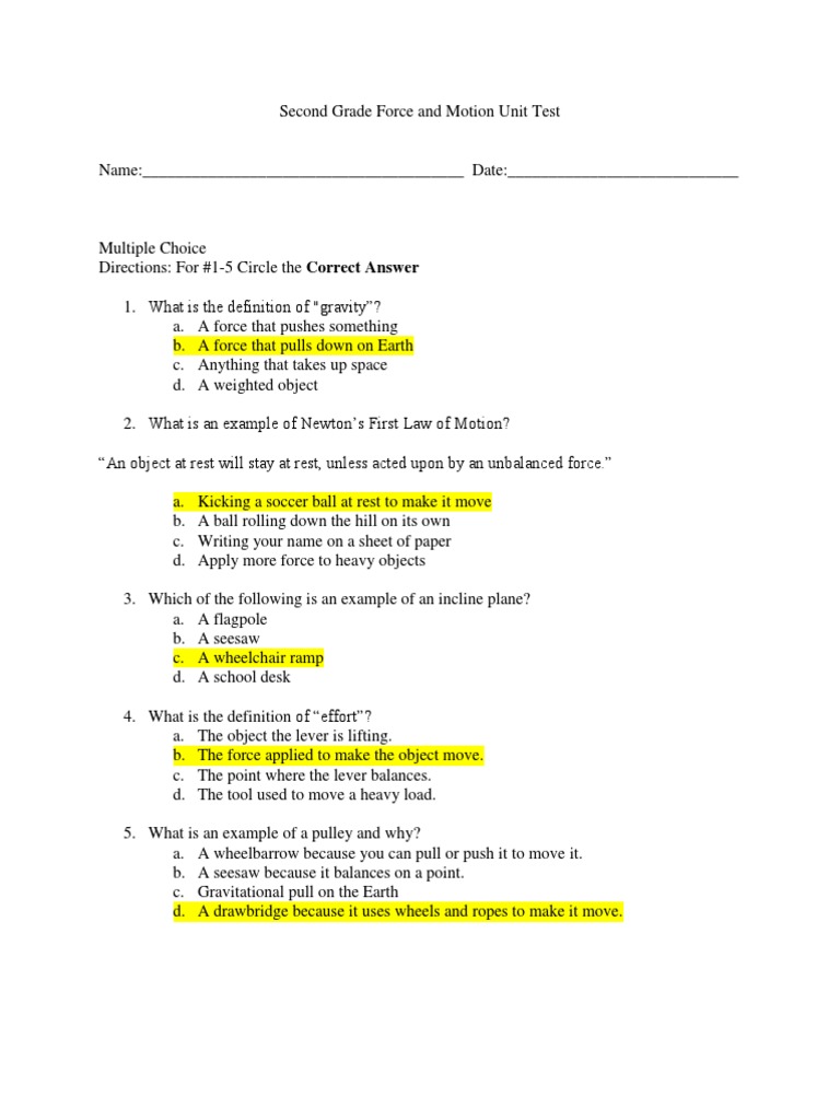 Unit Test Answer Key | PDF | Lever | Force