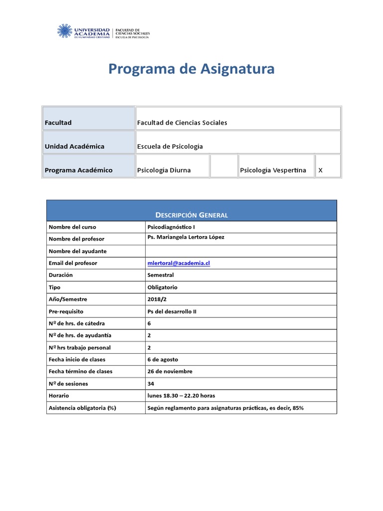 2018 - Formato Programa de Asignatura - UAHC Psicodiagnóstico I | PDF | Prueba (evaluación ...