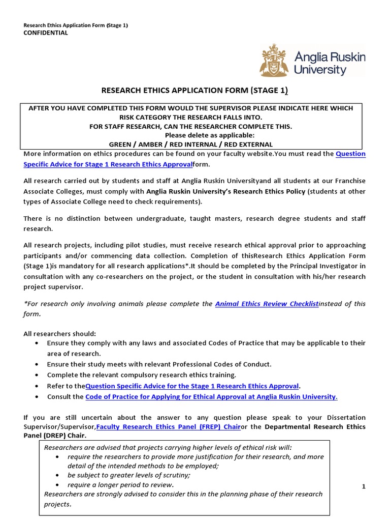 Research Ethics Application Form (Stage 1) | PDF | Postgraduate Education | Human